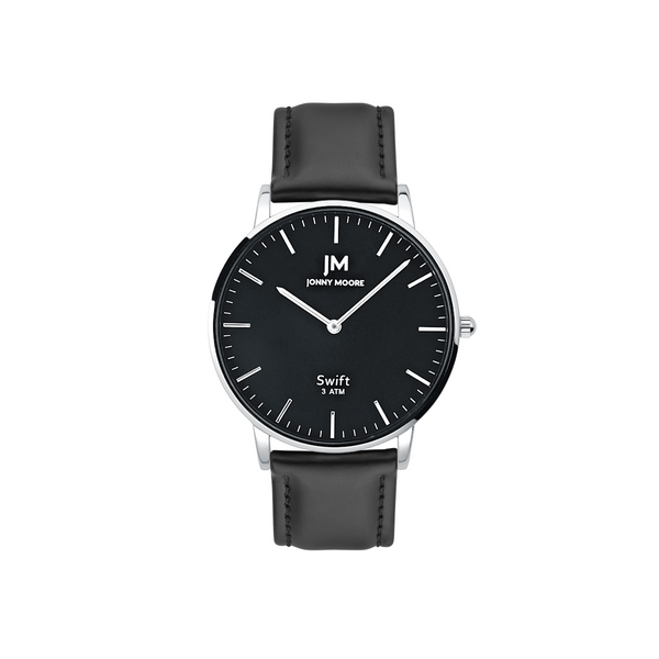 Jonny Moore luxury Swift watch with black leather strap and black dial ...