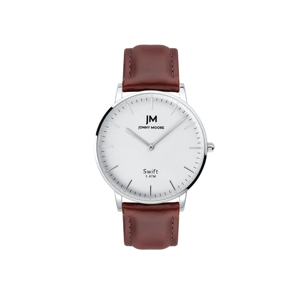 Jonny Moore luxury Swift watch with brown leather strap and white dial ...